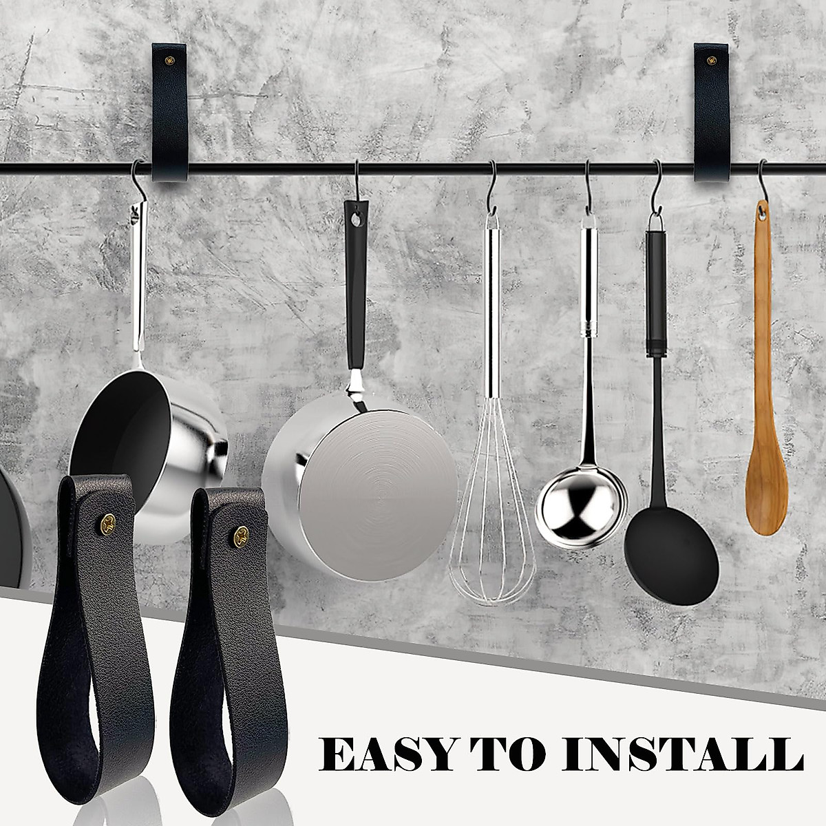 10 Pcs Black Leather Wall Hooks, Leather Curtain Rod Bracket, Leather Curtain Rod Holder Retro Strap Hangers with Screws for Hanging Towel Tapestry Canoe Paddle, Boho Farmhouse Style (Black)