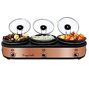 Megachef Triple 2.5 Quart Slow Cooker and Buffet Server in Brushed Copper and Black Finish with 3 Ceramic Cooking Pots and Removable Lid Rests