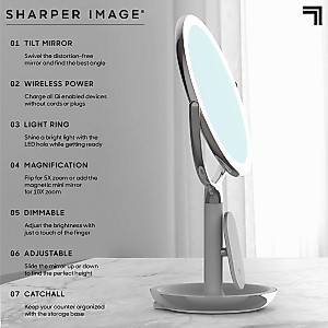 Sharper Image® SpaStudio™ 8” Vanity Mirror - Wireless Qi Charging Pad, Dimmable LED Halo Light Ring, 10X & 5X Magnification, Cosmetic Makeup Skincare Essential, Aesthetic Room Desk Decor Storage