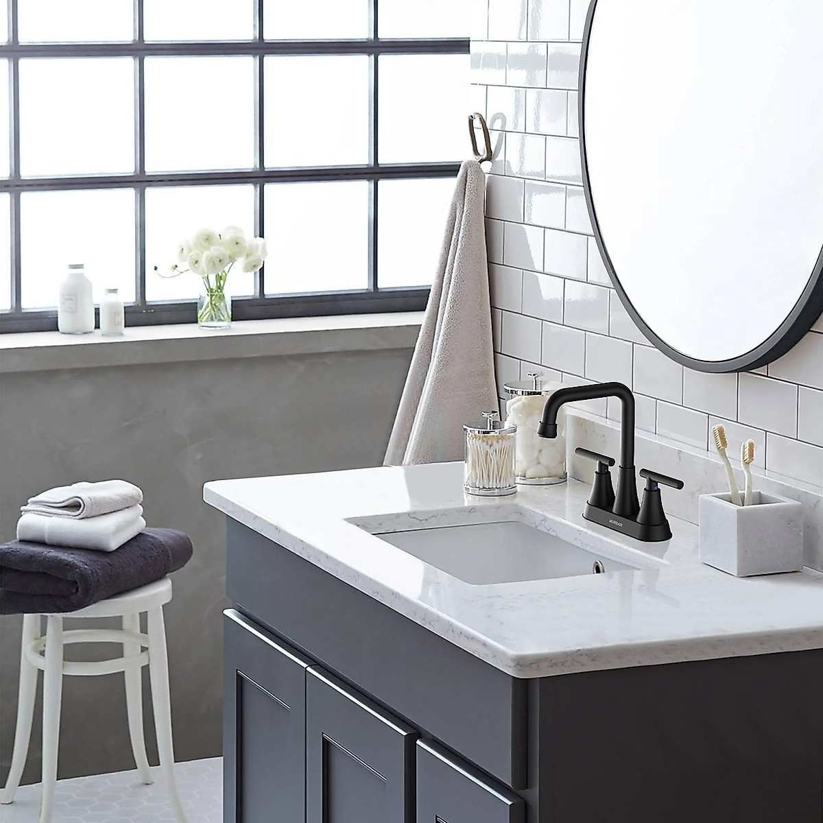 Matte Black Bathroom Sink Faucet, Hurran 4 inch Bathroom Faucets for Sink 3 Hole with Pop-up Drain and Supply Lines, Stainless Steel 2-Handle Centerset Faucet for Bathroom Sink Vanity RV Restroom