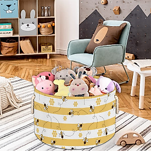 Bee Large Round Storage Bin Basket, Honeycomb Stripe Bee Decor Foldable Clothes Bag Folding Washing Bin Collapsible Fabric Laundry Hamper with Handle for Toys Stuffed Blanket Closet Bedroom Nursery