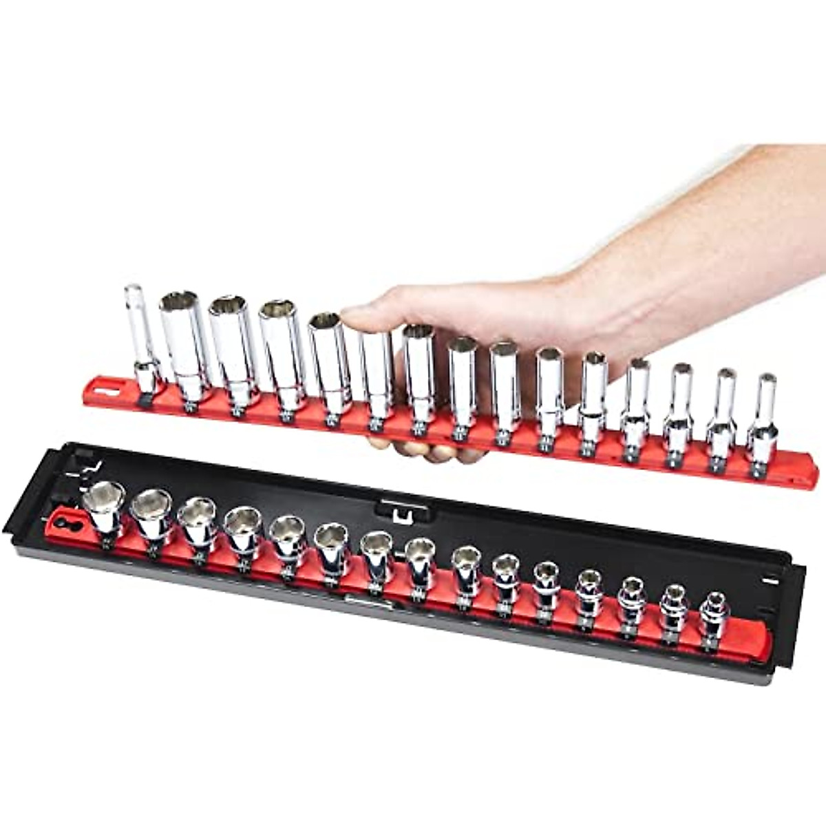 Ernst Manufacturing 19-Inch Socket Boss 2-Rail 1/2-Inch-Drive Socket Organizer, Red (8454-A) - Made in USA