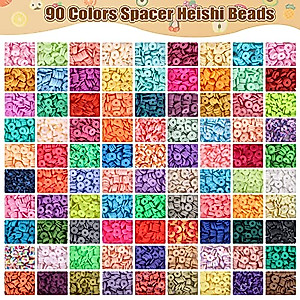 QUEFE 9000pcs, 90 Colors, Clay Beads for Bracelet Making Spacer Heishi Beads Flat Round Polymer Clay Beads for Jewelry Making Kit with Fruit Flower Beads Pendant Charms Kit and Elastic Strings
