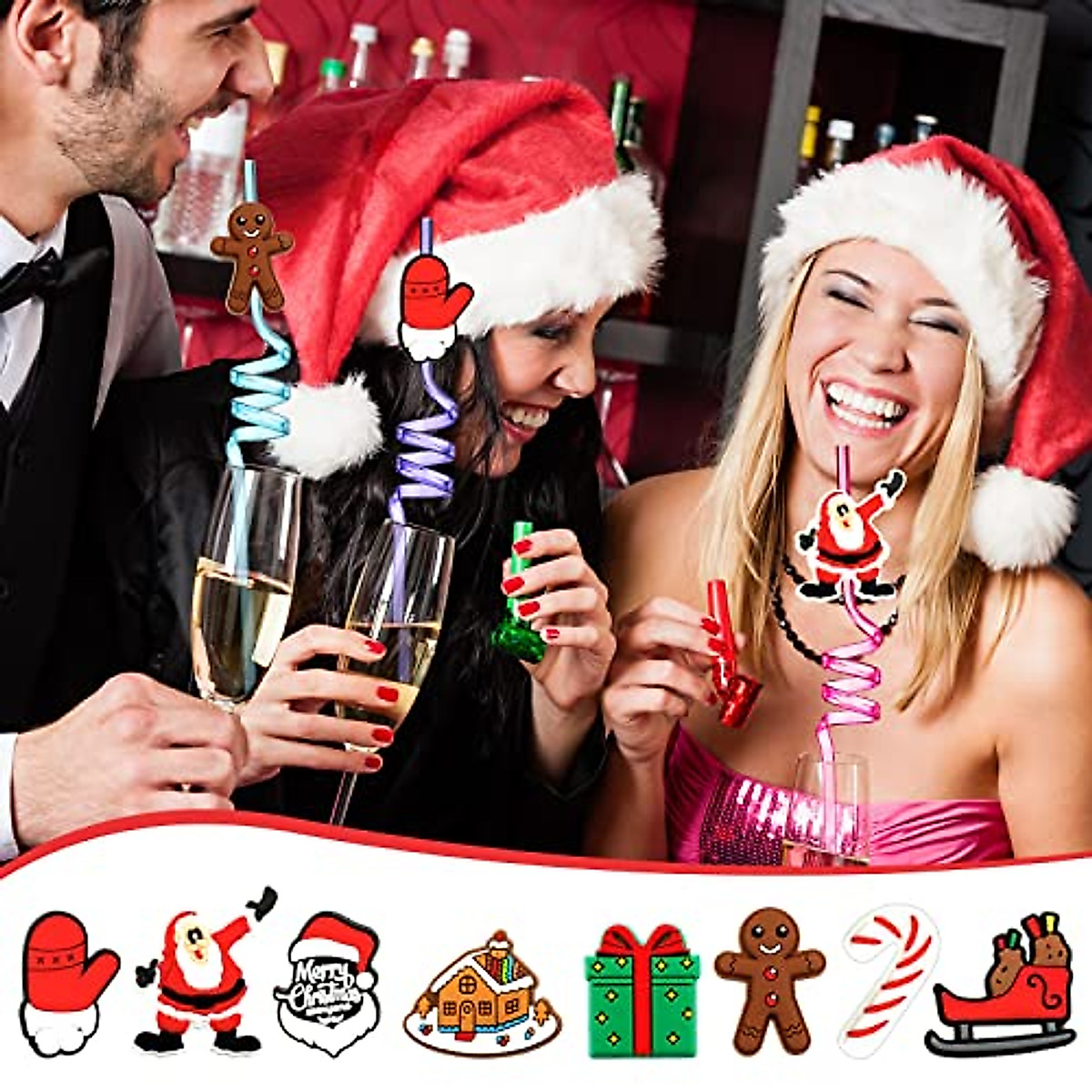 Lauwell 24 Pcs Christmas Drinking Straws Reusable Plastic Xmas Theme Party Santa Claus Sleigh Lollipops Gingerbread Man Hat Gifts, 8 Styles, One Size, Yellow, Orange, Blue, Green, Pink, Red, Purple