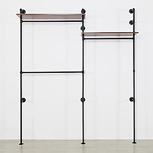 EDCB Industrial Pipe Clothing Rack with 2 Shelves, Clothes Rack Wall Mounted Heavy Duty Hanging Rack Clothing Store Display Stands Garment Rack Closet System(Black, 96.5x80.7inch)