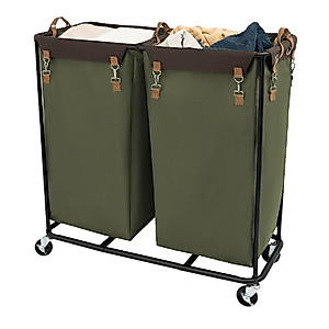 StorageWorks Laundry Sorter Cart with 2 Sections, 390L Laundry Cart with Wheels, Extra Large Double Laundry Hamper, Laundry Basket Divider for Hotel, Home, Green, 1-Pack