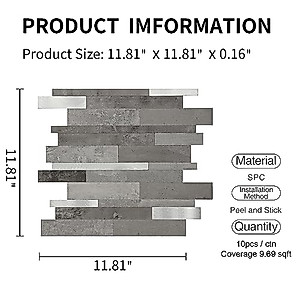 COLAMO Luxury 10 Sheet Peel and Stick Cement Gray Silver Aluminum Metal Mix Tile, Adhesive Faux Stone Tile for RV,Kitchen Sink Backsplash,Bathroom,Accent Wall, Self Stick On Wall Tile (Concrete Look)