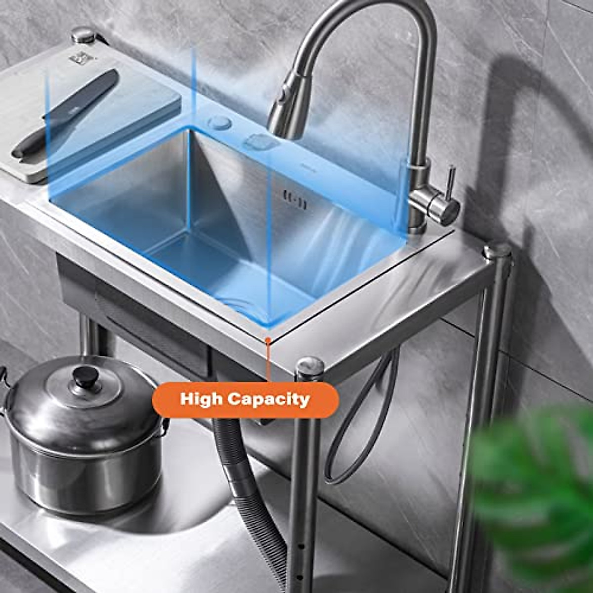 Stainless Steel Kitchen Sink Freestanding Outdoor Sinks Commercial Restaurant Sink Set w/Faucet & Workbench & Storage Shelves Industrial Sink Single Bowl for Patio Garden Garage 35.5×31.5×16.5"