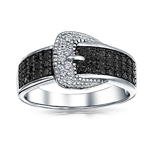 Trendy Fashion Pave Cubic Zirconia Black CZ Statement Belt Buckle Band Ring For Women .925 Sterling Silver
