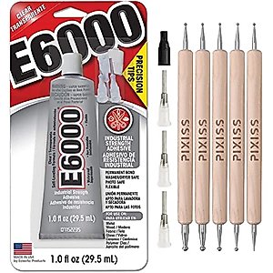 E6000 1-Ounce Tube with Precision Tips Industrial Strength Adhesive for Crafting and Pixiss Wooden Art Dotting Stylus Pens 5 pcs Set - Rhinestone Applicator Kit