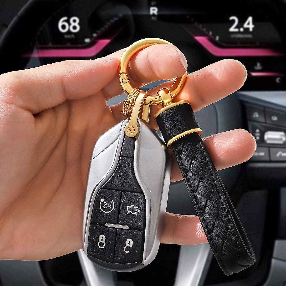 Gkeygo Leather Car Keychain, Handmade Woven Keychains for Women and Men, Universal Key Fob Holder with 360 Degree Rotatable, Anti-Lost D-Ring, 2 Keyrings and 1 Screwdriver – Black