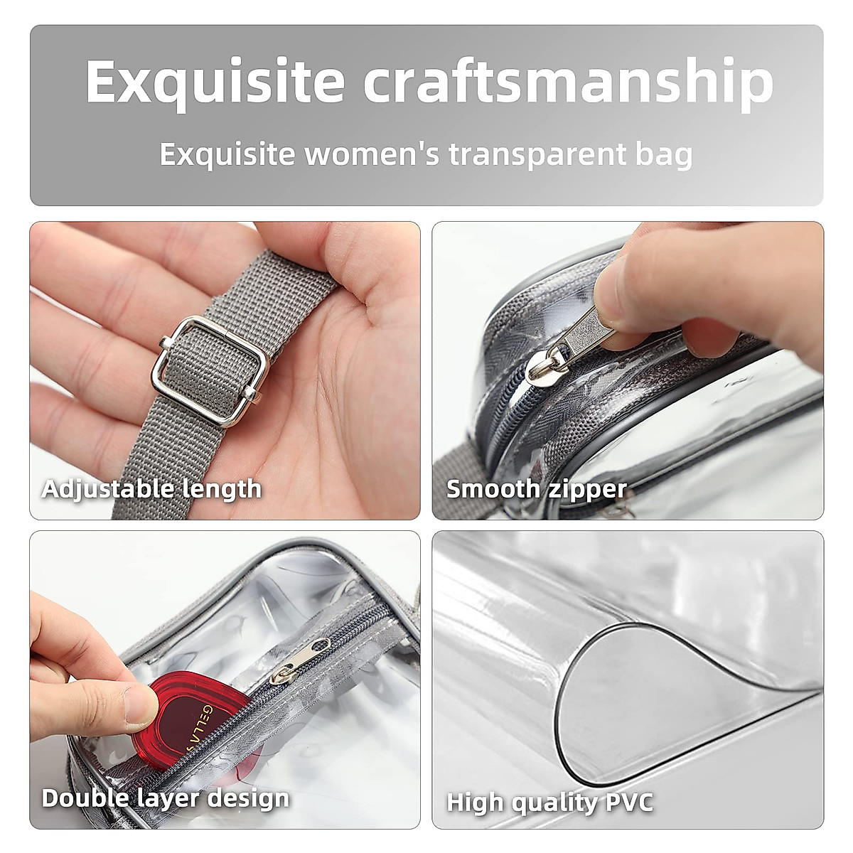 WJCD Clear Bag For Stadium Events PVC Concert Clear Tote Bag Stadium Approved For Women Clear Stadium Bag,with Front Pocket (Grey)