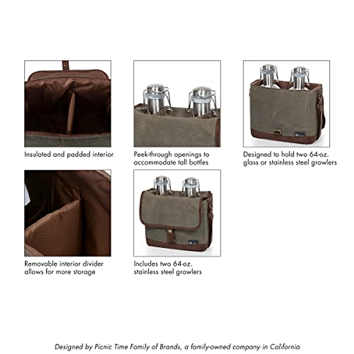LEGACY - a Picnic Time brand Insulated Double Growler Tote with 64 oz. Stainless Steel Growlers, Beer Gifts for Men, Waxed Canvas Bag Water Bottle Carrier, (Khaki Green with Brown Accents)