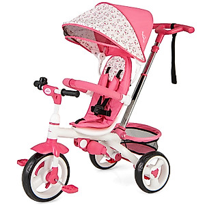 Costzon Tricycle for Toddlers, 6 in 1 Trike w/Parent Handle, Adjustable Canopy, Storage, Safety Harness & Wheel Brakes, Baby Push Tricycle Stroller for Kids Boys Girls Aged 9 Month-5 Years Old, Pink