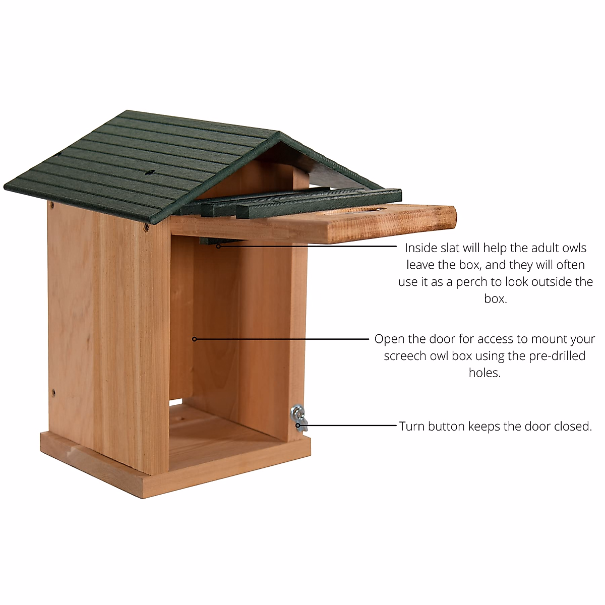 JCs Wildlife Screech or Saw-Whet Owl House - Cedar Nesting Box With Poly Lumber Roof - Made in the USA