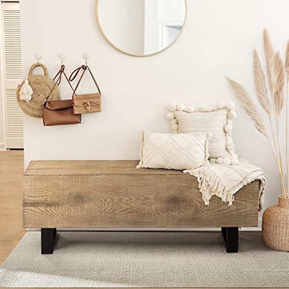 COSIEST Patio Log Bench, Rectangular MgO Garden Bench, 48.4 x 11.8” Outdoor Bench, Rustic Bench for Yard or Lawn(Light Oak)