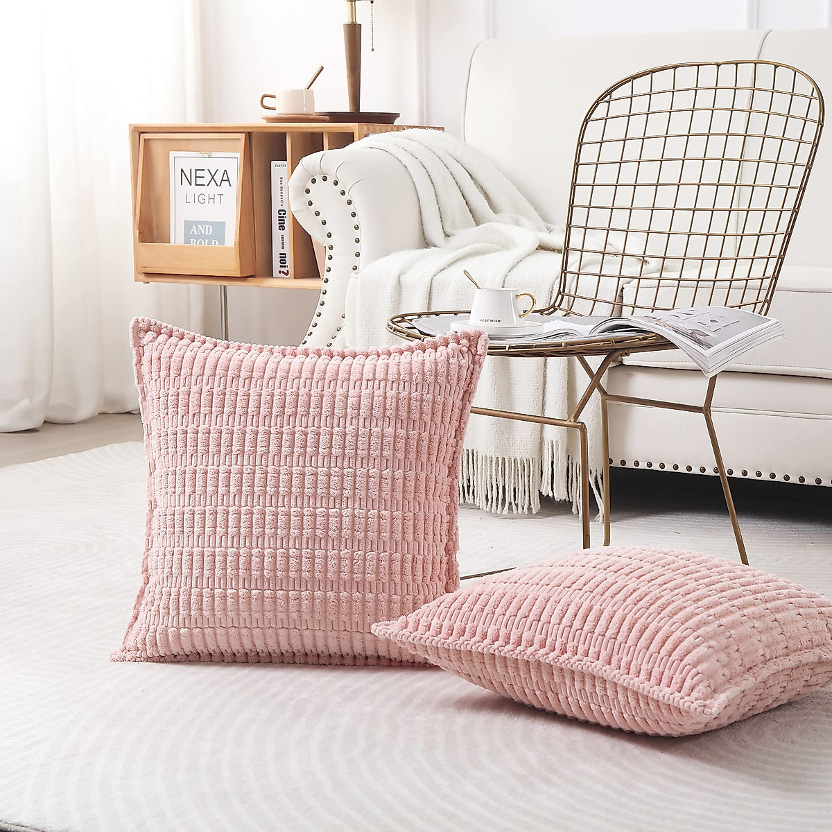 Set of 2 Decorative Throw Pillow Covers 18x18 Inch for Living Room Couch Bed Sofa, Boho Striped Corduroy Square Cushion Case Farmhouse Home Decor, Pink