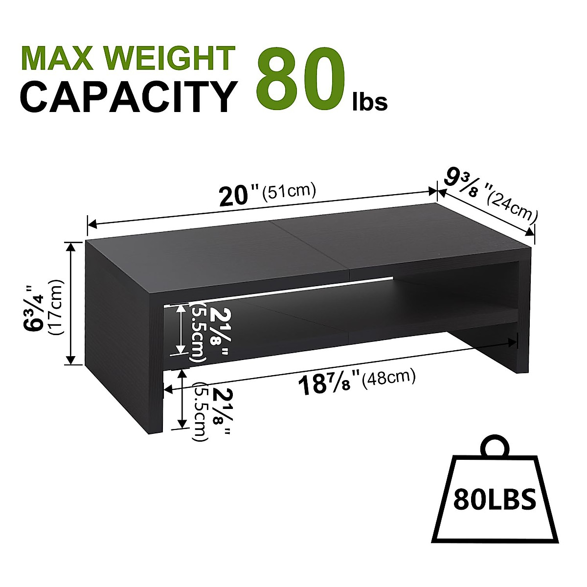 TEAMIX 2 Tiers Wooden Desktop Monitor Stand Riser 20 Inch Printer Stand with Double Storage Small TV Riser Laptop Keyboard Holder Business Desk Organizer Shelf Black Bookshelf