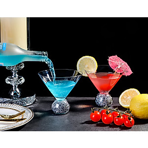 Dounx Set of 4 Stemless Martini Glasses, 8oz Margarita Glasses for Men and Women, Ultra-Thin Rim, Lead-Free Glass, Silver Rhinestone-Filled Spherical Base, Reusable