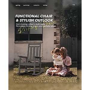 KINGYES HDPE Outdoor Rocking Chair, All Weather Use Porch Rocker, Heavy Duty Outdoor Rocking Chair for Adult, Gray