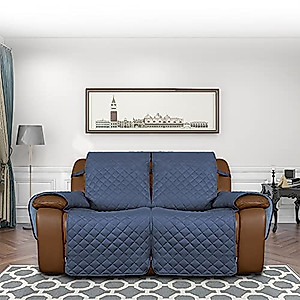 Easy-Going Recliner Sofa Cover, Reversible Couch Cover for Double Recliner, Split Sofa Cover for Each Seat, Furniture Protector with Elastic Strap for Kids, Dogs, Pets(2 Seater, Dark Blue/Light Blue)