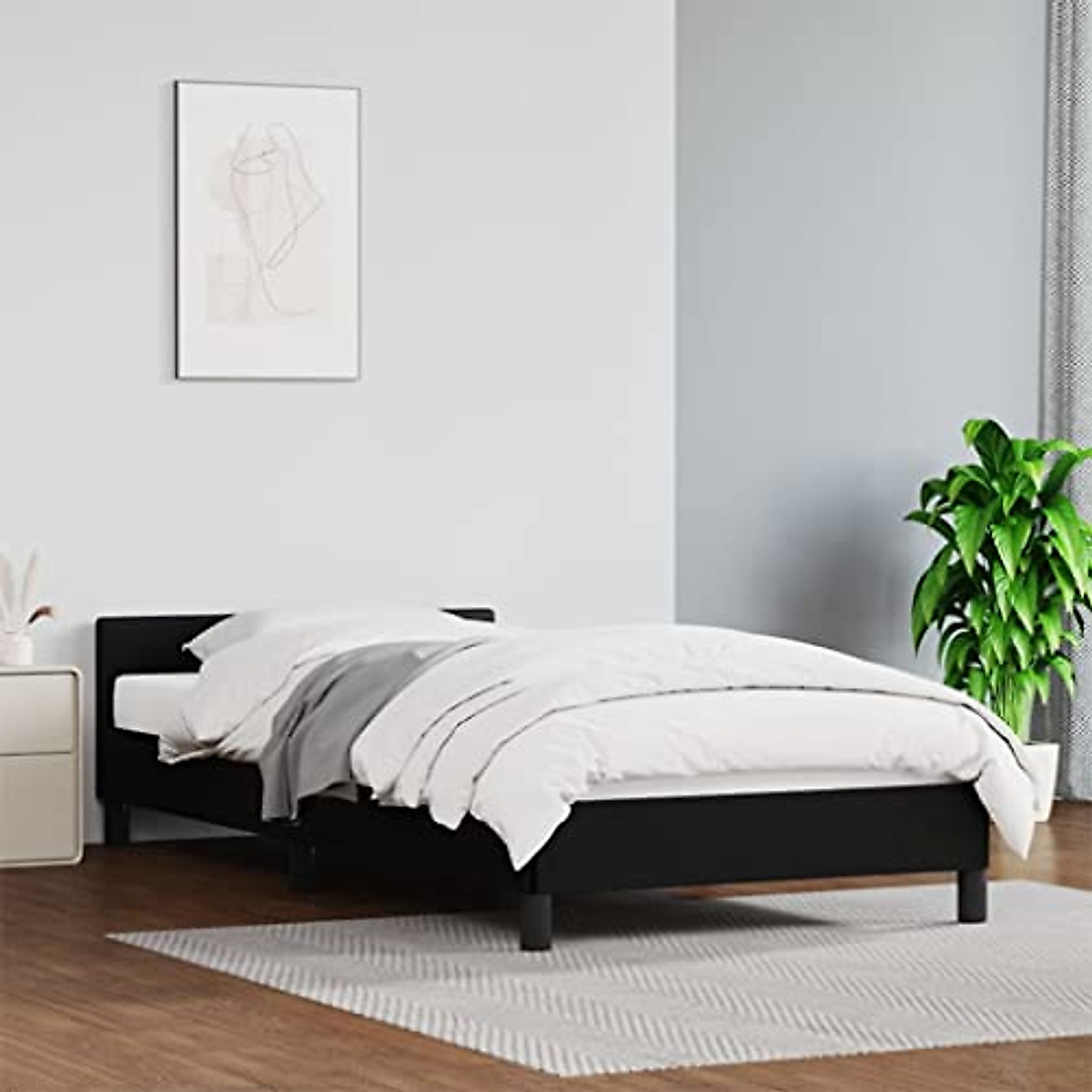 vidaXL Bed, Bed Frame with Headboard, Upholstered Platform Bed, Single Bed Base with Wooden Slats Support, Black 39.4"x74.8" Twin Faux Leather