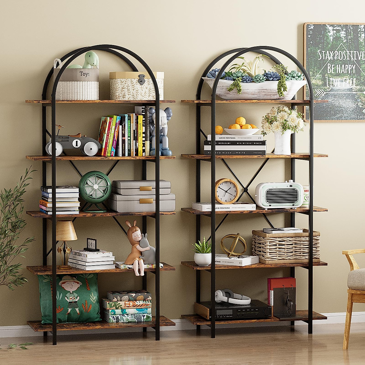 Arbuxzuy Arched Bookshelf 5 Tier Book Shelf, 31.5 Inch Width Industrial Arch Bookcase, Curved Tall Bookshelf with Open Shelves for Home Office, Living Room, Bedroom, Rustic Brown