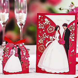 Hosmsua 5x7.3 Inch 50PCS Blank Red Laser Cut Wedding Invitations Cards with Bride & Groom Gold Flower Pocket for Engagement Wedding Invite