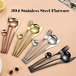 JASHII 304 Flatware Set Matte Black Silverware Set Satin Finished 18/8 Stainless Steel Cutlery Set with Round Handle 24 Piece Wedding Housewarming Gift Service for 6
