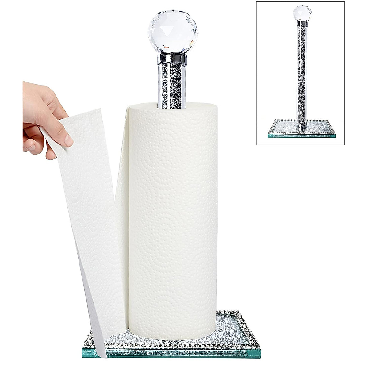 Crystal Paper Towel Holder Stand, Bling Glass Handmade Kitchen Countertop Paper Towel Roll Dispenser Holders, Diamond Effect Standing Bathroom Decor Paper Towel Holder with Cube Base