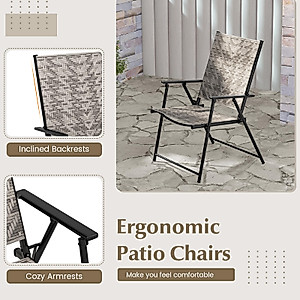 Tangkula Set of 4 Patio Folding Chairs, Outdoor Wicker Dining Chairs with Armrests, Portable Lawn Chairs with Metal Frame for Garden, Backyard, Poolside, No Assembly (4, Mix Gray)