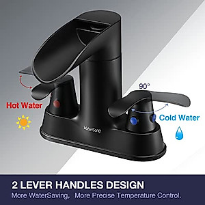 Black Bathroom Faucet 4 Inch 2 Handle - WaterSong Waterfall Bathroom Sink Faucet with Pop-up Drain & cUPC Lead-Free Water Supply Hose, Centerset 360° Swivel Spout Bathroom Faucet, RV Farmhouse Modern