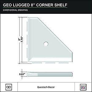 Questech Décor 8 Inch Corner Shower Shelf Bathroom Caddy, Lugged For New Construction, Corner Shower Shelf For Tiled Shower Walls, Corner Bathroom Shelf, 8 Inch Geo Lugged, Bright White Polished