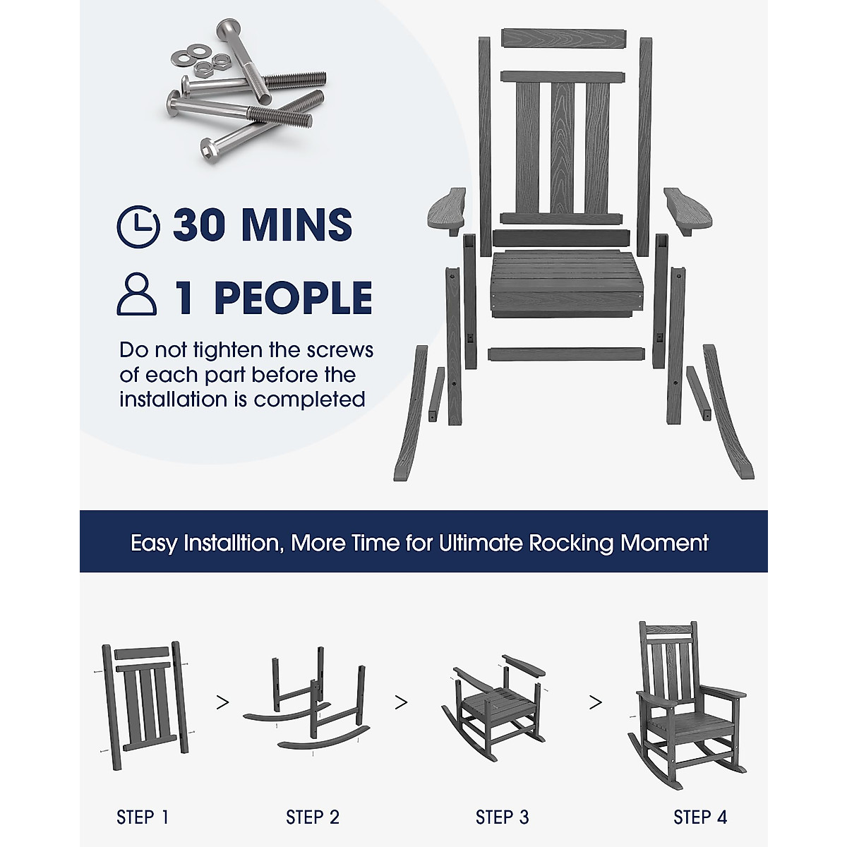 KINGYES HDPE Outdoor Rocking Chair, All Weather Use Porch Rocker, Heavy Duty Outdoor Rocking Chair for Adult, Gray