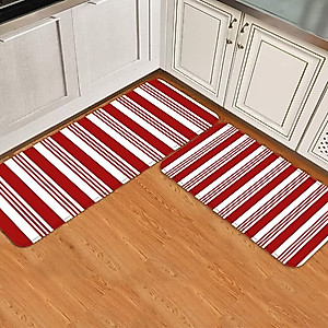 Christmas Kitchen Mat Set of 2 Abstract Red and White Striped Candy Cane Pattern Floor Mats Non Slip Doormat Washable Kitchen Rug and Mats Anti Fatigue Cushioned Area Runner Rugs for Sink