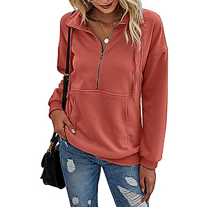 PRETTYGARDEN Women’s Casual Long Sleeve Lapel Zipper Sweatshirt Drawstring Loose Pullover Tops Orange Red