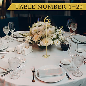 Therwen 20 Pcs Metal Table Numbers 1-20 Table Numbers for Wedding Reception 12 Inch Stainless Steel Party Table Number with Sturdy Holder Base for Banquet Wedding Party Event Catering (Gold)