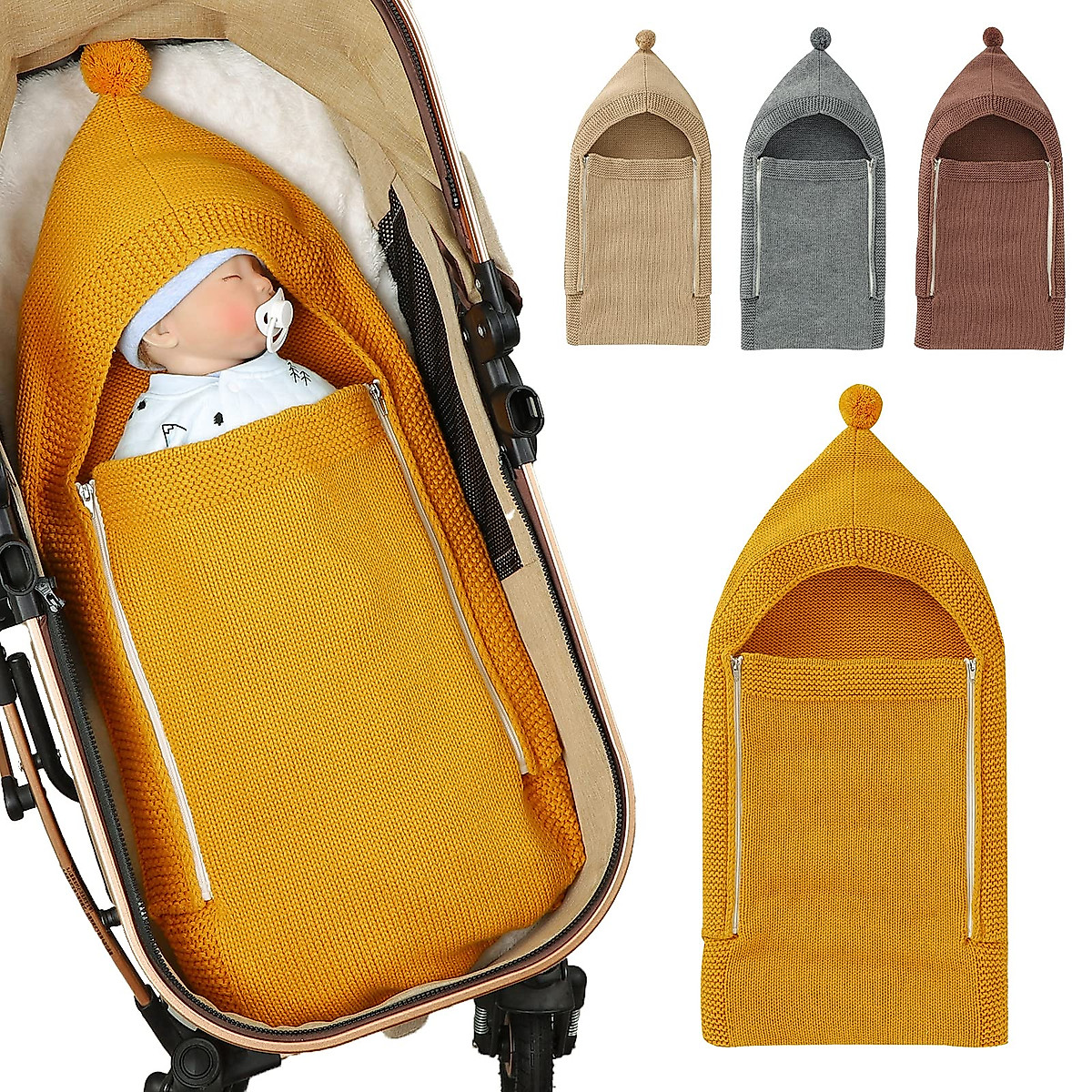 Newborn Baby Swaddle Blanket Knitted Baby Hooded Sleeping Bag Soft Warm Stroller Wrap Cozy Receiving Blanket for 0-6 Months Boys Girls (Yellow)