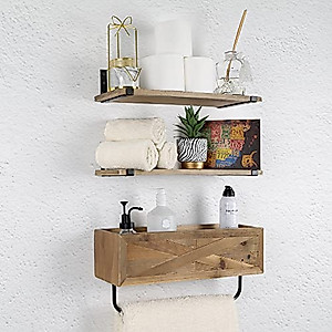 Autumn Alley Rustic Farmhouse Bathroom Shelves Wall Mounted – Industrial Floating Shelves for Bathroom with Towel Bar – Stunning Inlaid Wood Design, Above Toilet Shelves Rustic Towel Rack