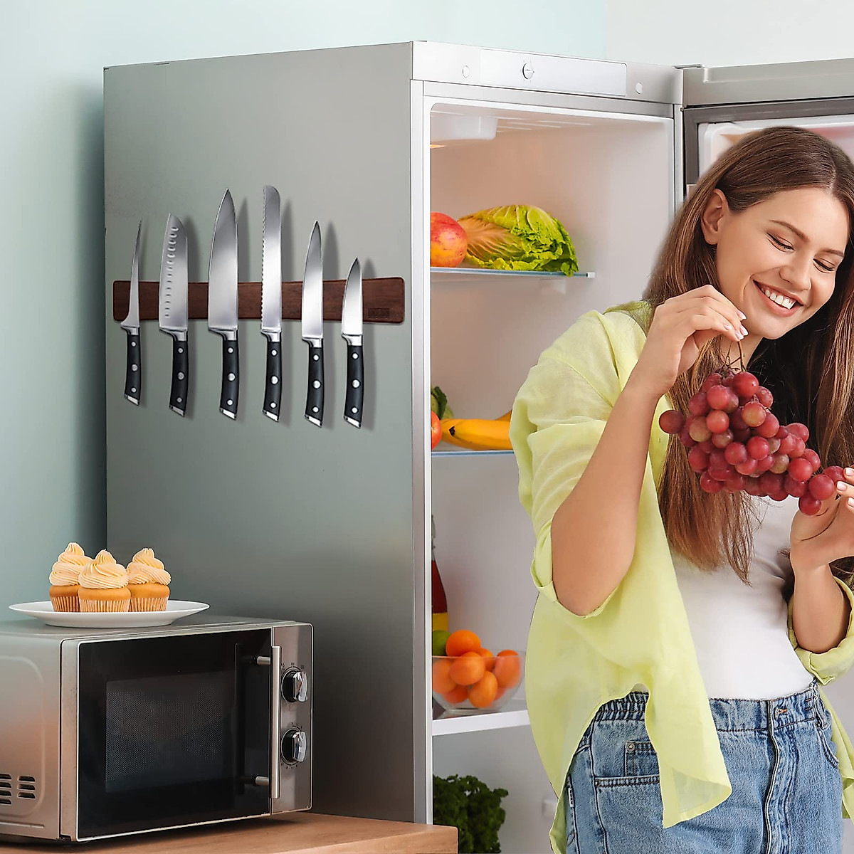 HOSHANHO Magnetic Knife Strips for Wall & Refrigerator 16 Inch + HOSHANHO Kitchen Knife in Japanese Steel