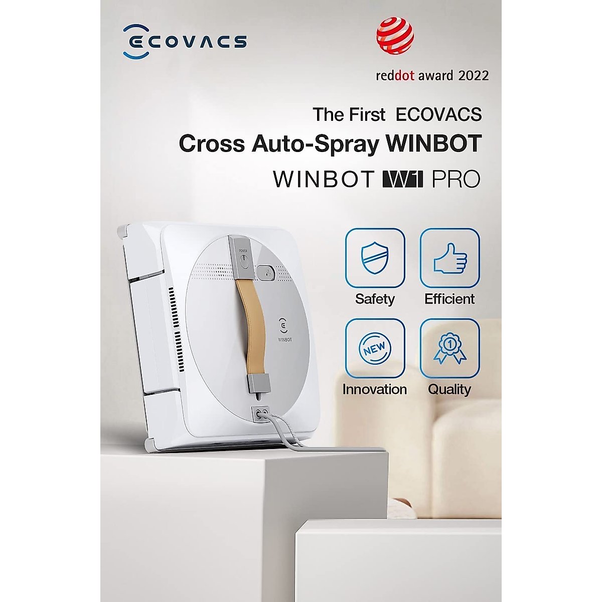 ECOVACS Winbot W1 Pro Window Cleaning Robot, Intelligent Cleaning with Dual Cross Water Spray Technology, Win SLAM 3.0 Path Planning, 2800Pa Suction Power, Edge Detection Technology, App Control,Grey
