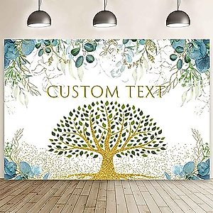 AIBIIN 7x5ft Family Reunion Custom Backdrop Eucalyptus Leaves Family Tree Photography Background Green Gold Tree Greenery Leaves Party Decor Gold Glitter Banner Family Party Cake Smash Photo Props