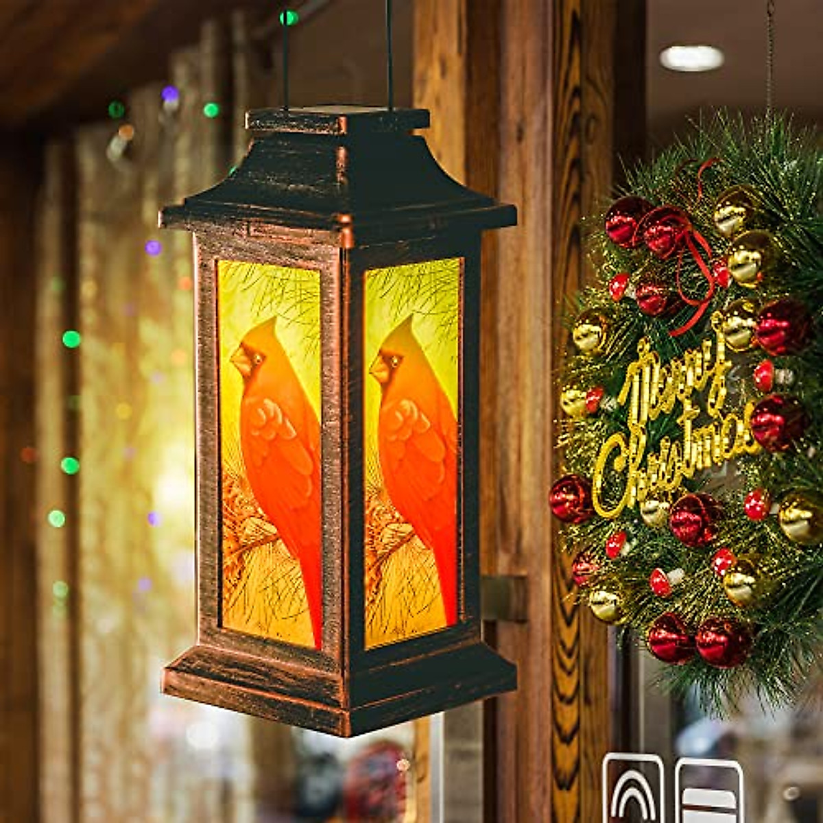 Topadorn Hanging Solar Lantern Waterproof Portable Lamp Outdoor Garden Decorative LED Light, Red Bird,10"H