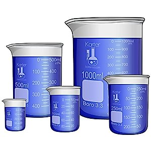 Karter Scientific, 3.3 Boro, Griffin Low Form, Glass Beaker Set - 5 Sizes - 50ml, 100ml, 250ml, 500ml, 1000ml