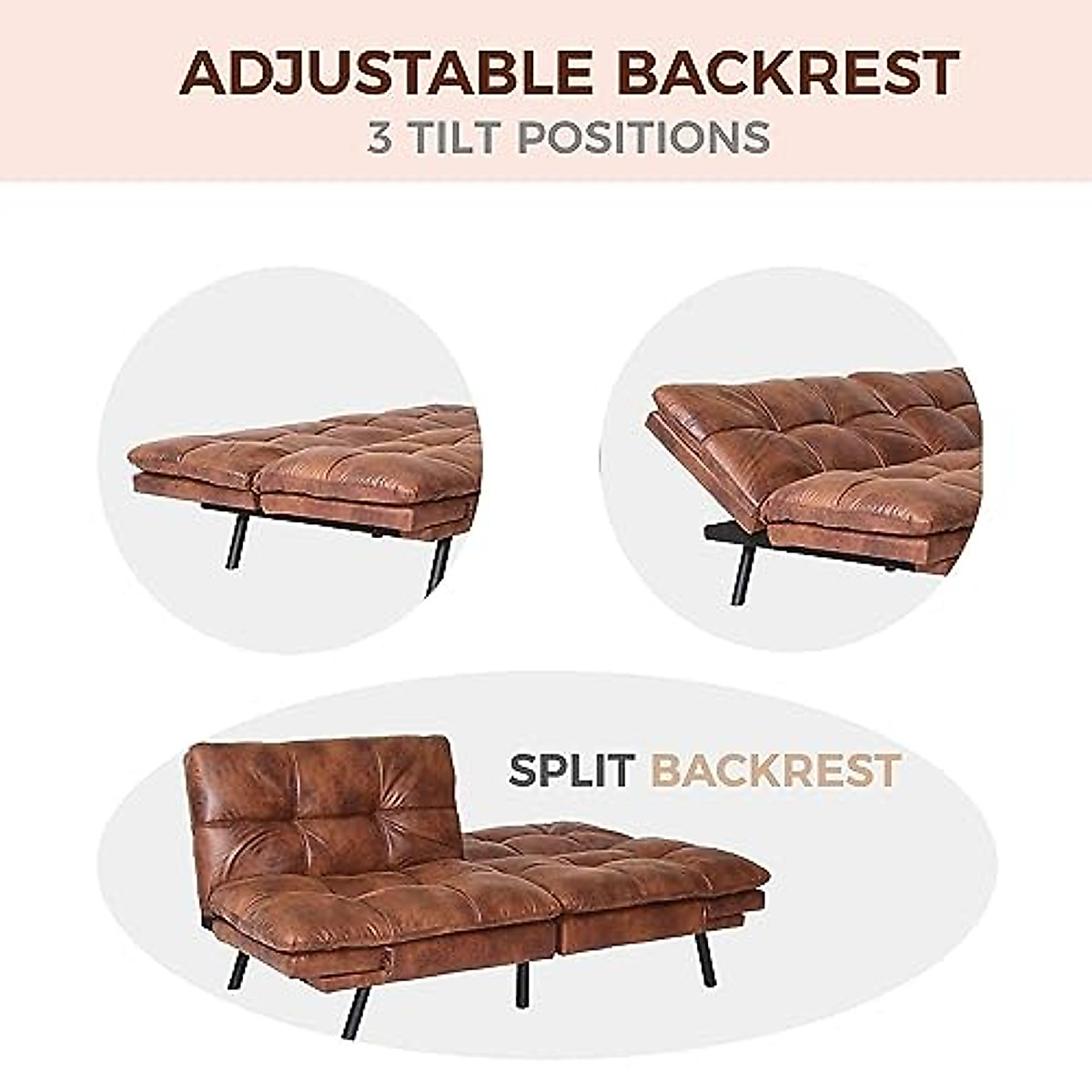 RIDFY Convertible Futon Couch Bed, Modern Folding Sleeper Sofa Bed, Memory Foam Futon Sofa Bed, Couch Daybed with Adjustable Armrests, Pull Out Sleeper(Black) (Brown)