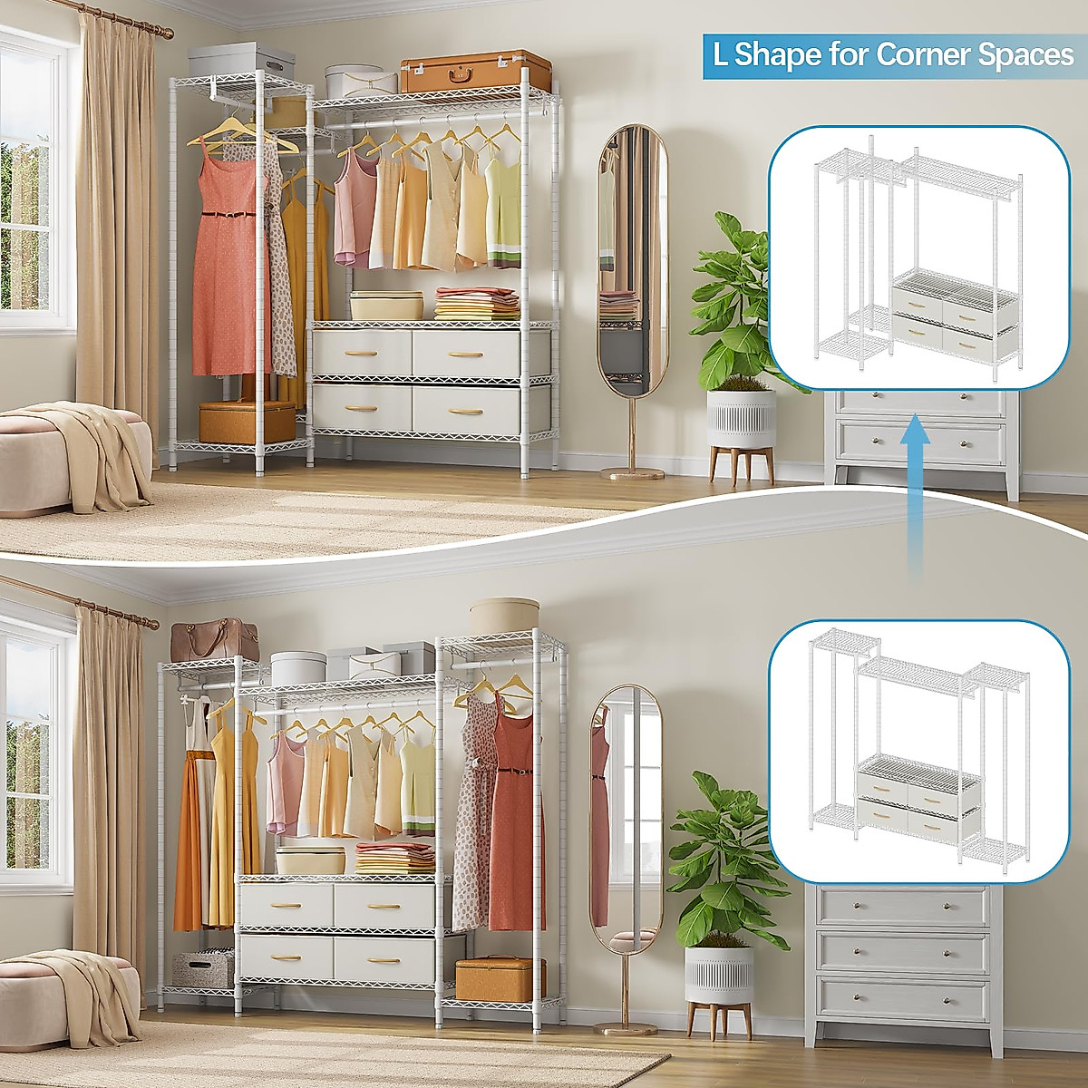 VIPEK V20 Wire Garment Rack Heavy Duty Clothes Rack, Metal Clothing Rack with 6 Shelves, 3 Hang Rods & 4 Fabric Drawers, Compact Freestanding Closet Wardrobe, 56.7" L x 14.6" W x 70.9" H, White