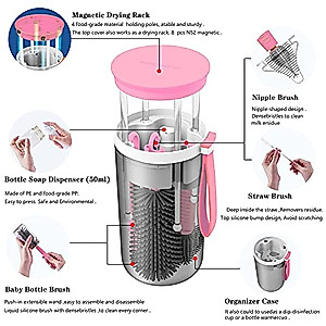 Rrwin Baby Bottle Brush,Todder Nursing Bottle Silicone Brush Travel Set with Nipple Cleaner and Drying Rack (Pink)
