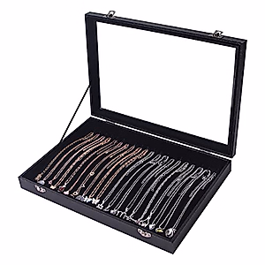 ByKen Jewelry Glass lid 20 Hooks Necklace Organizer Box,Necklace Tray,Necklace Display Box,Chains Showcase Storage Boxes for Show Stackable (Black Velvet)