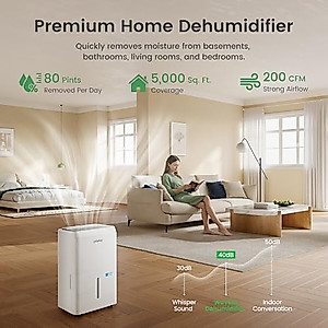 Waykar 80 Pint Energy Star Dehumidifier for Home, Basement, Large Rooms up to 5,000 Sq. Ft. - Auto Defrost, Ultra Quiet(40 dB), Auto Comfort Mode, with Drain Hose & Water Tank
