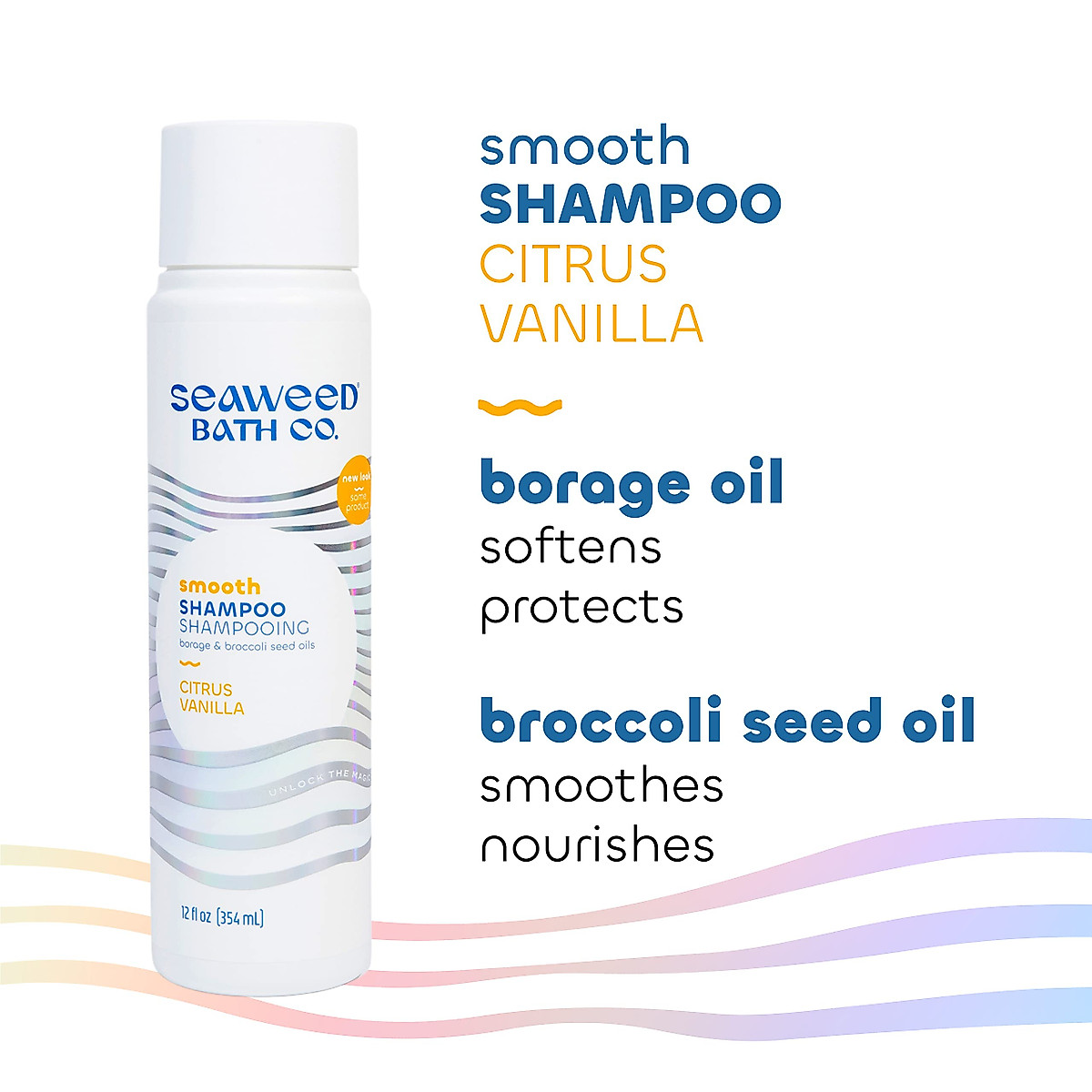 Seaweed Bath Co. Smooth Shampoo, Citrus Vanilla Scent, 12 Ounce, Sustainably Harvested Seaweed, Borage and Broccoli Seed Oils, For Curly and Frizzy Fine Hair